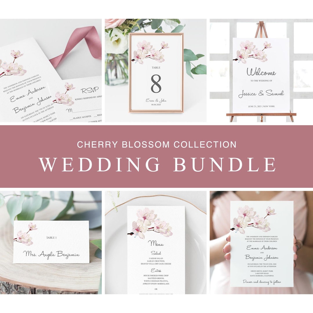 Pink Cherry Blossom Wedding Invitation Template Mega Bundle. DIY ...