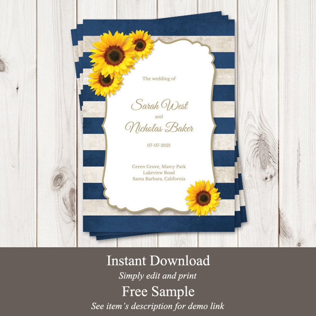 Summer Wedding Program "sunflower Stripes", Navy Blue. DIY Printable ...