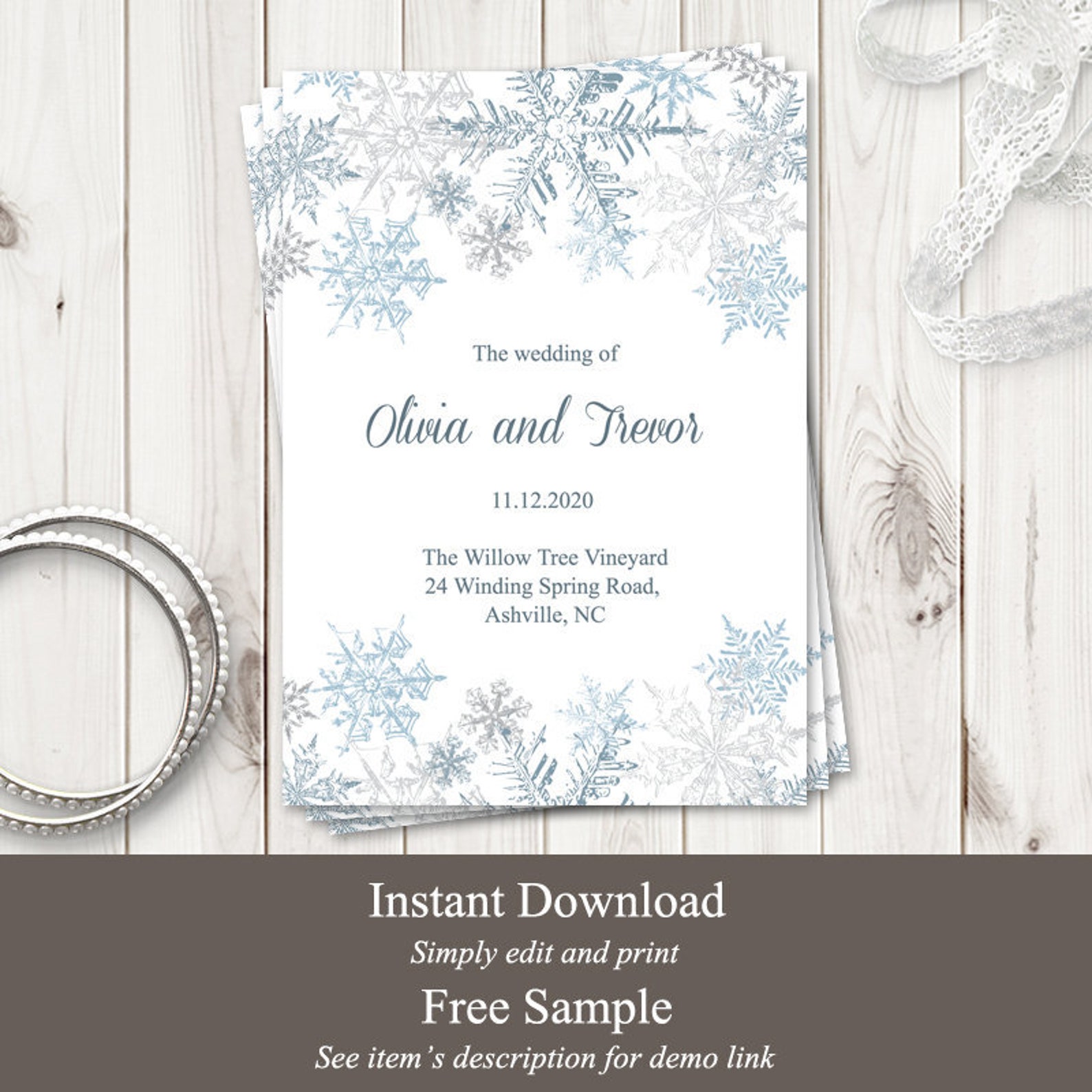 Winter Wedding Program Template Snowflakes Silver | Etsy