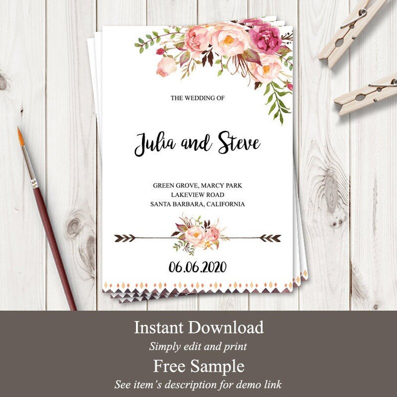 Boho Wedding Program Template bohemian Love. DIY | Etsy