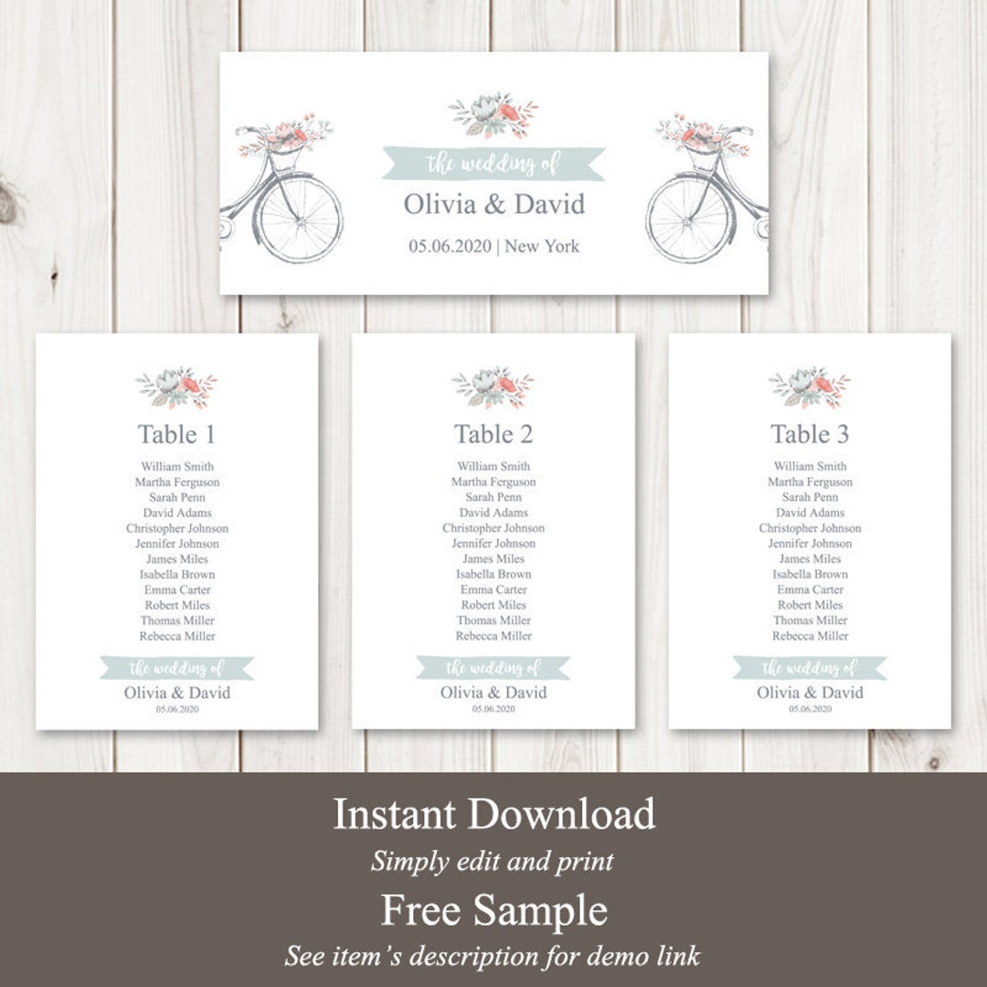 Romantic Wedding Seating Chart Template "flower Bicycle", Aqua Green ...
