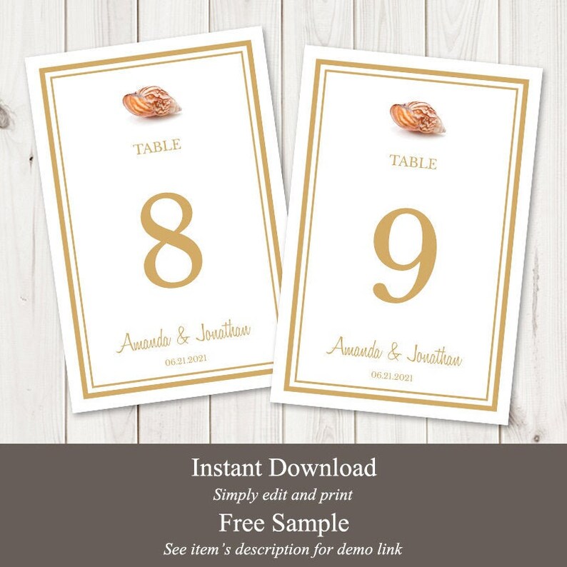 Beach Wedding Table Numbers Template seashell | Etsy
