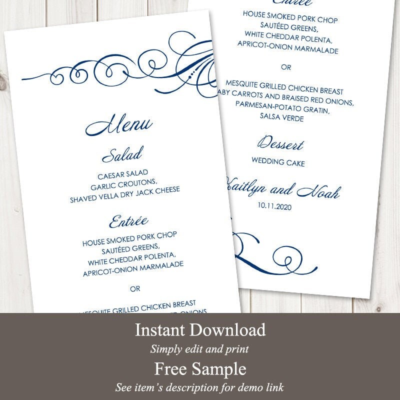 Elegant Wedding Menu Template Tender Twirls Royal | Etsy