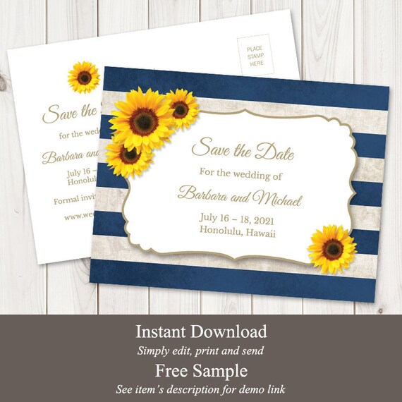 Summer Wedding Save the Date Postcard Template Sunflower | Etsy