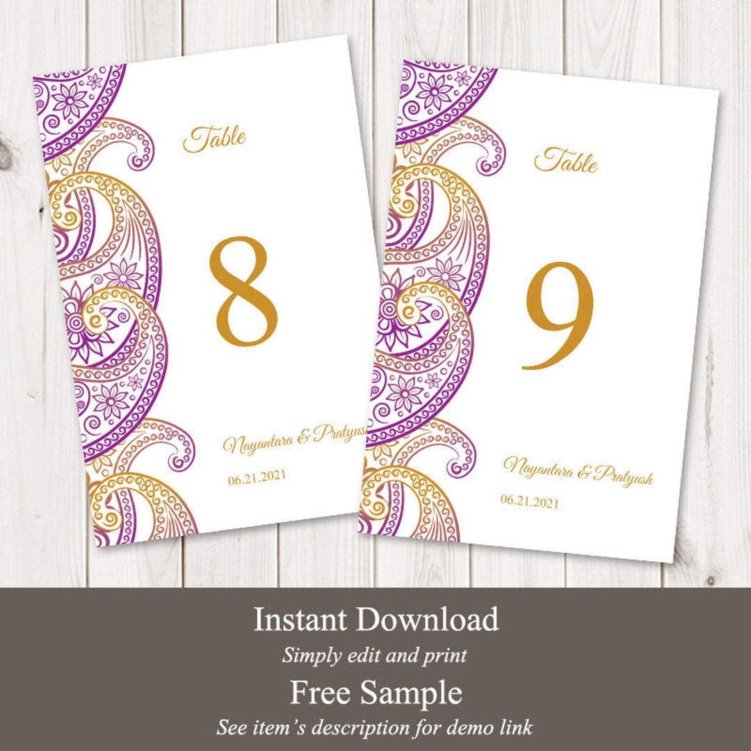 Indian Wedding Table Numbers Template paisley, Purple & Gold. DIY ...