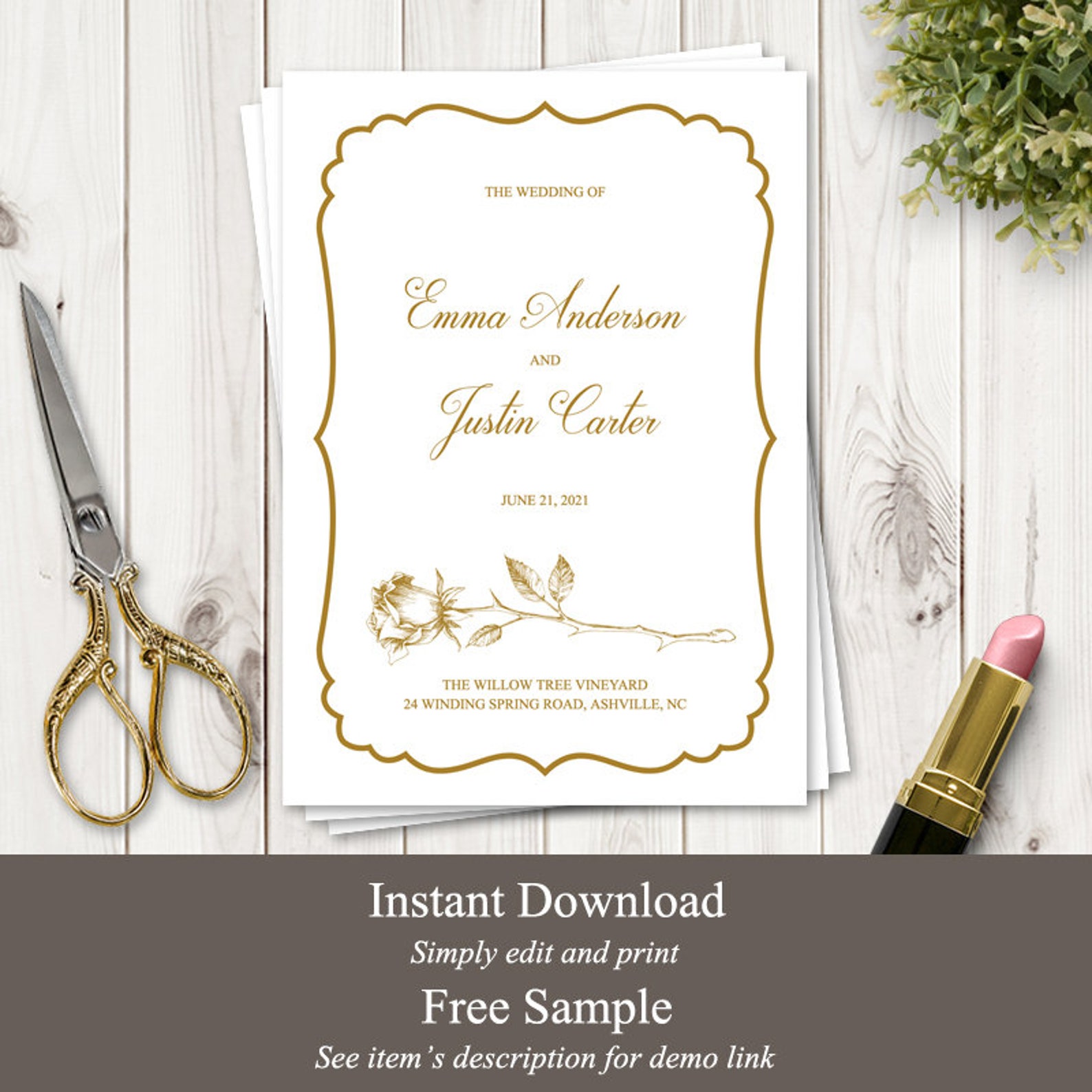 Wedding Bi-fold Program Template vintage Roses | Etsy