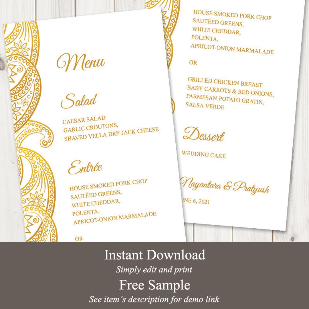 Indian Wedding Menu Template paisley, Gold. DIY Printable Dinner Menu ...