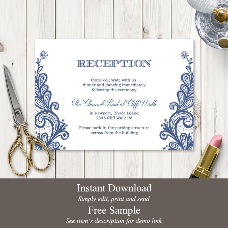 Wedding Reception Card Template vintage Lace Navy - Etsy