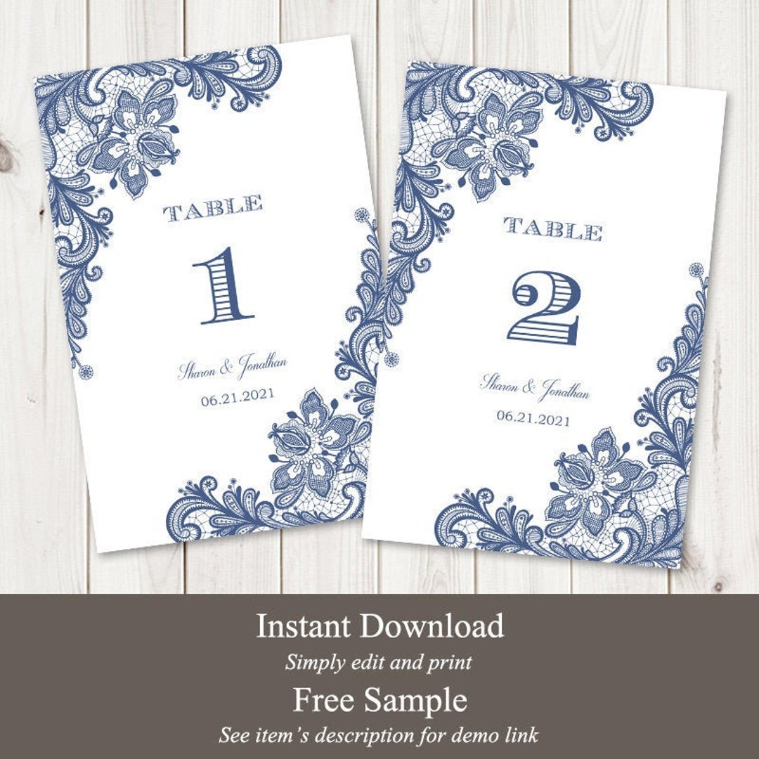 Elegant Wedding Table Numbers Template "vintage Lace", Navy Blue ...