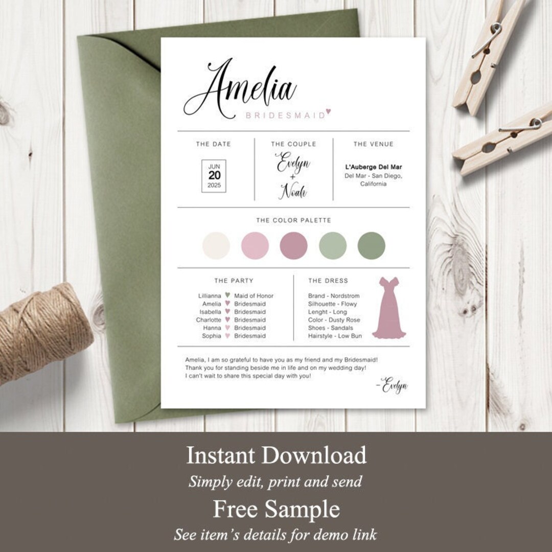 Bridesmaid Info Card Template, Bridal Party Information, Maid of Honor ...