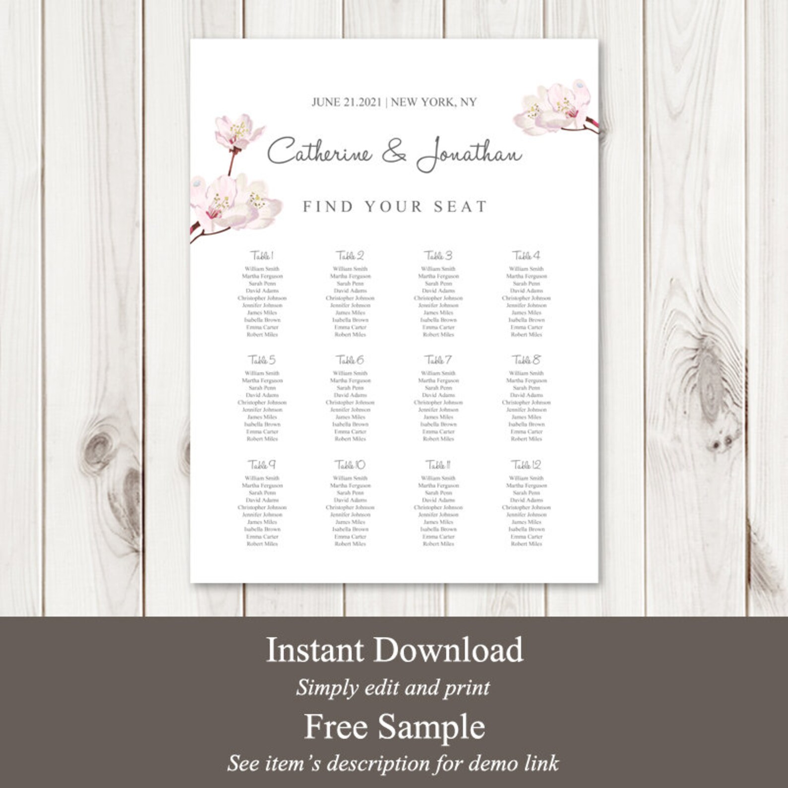 Spring Wedding Seating Chart Poster Template Cherry Blossom - Etsy