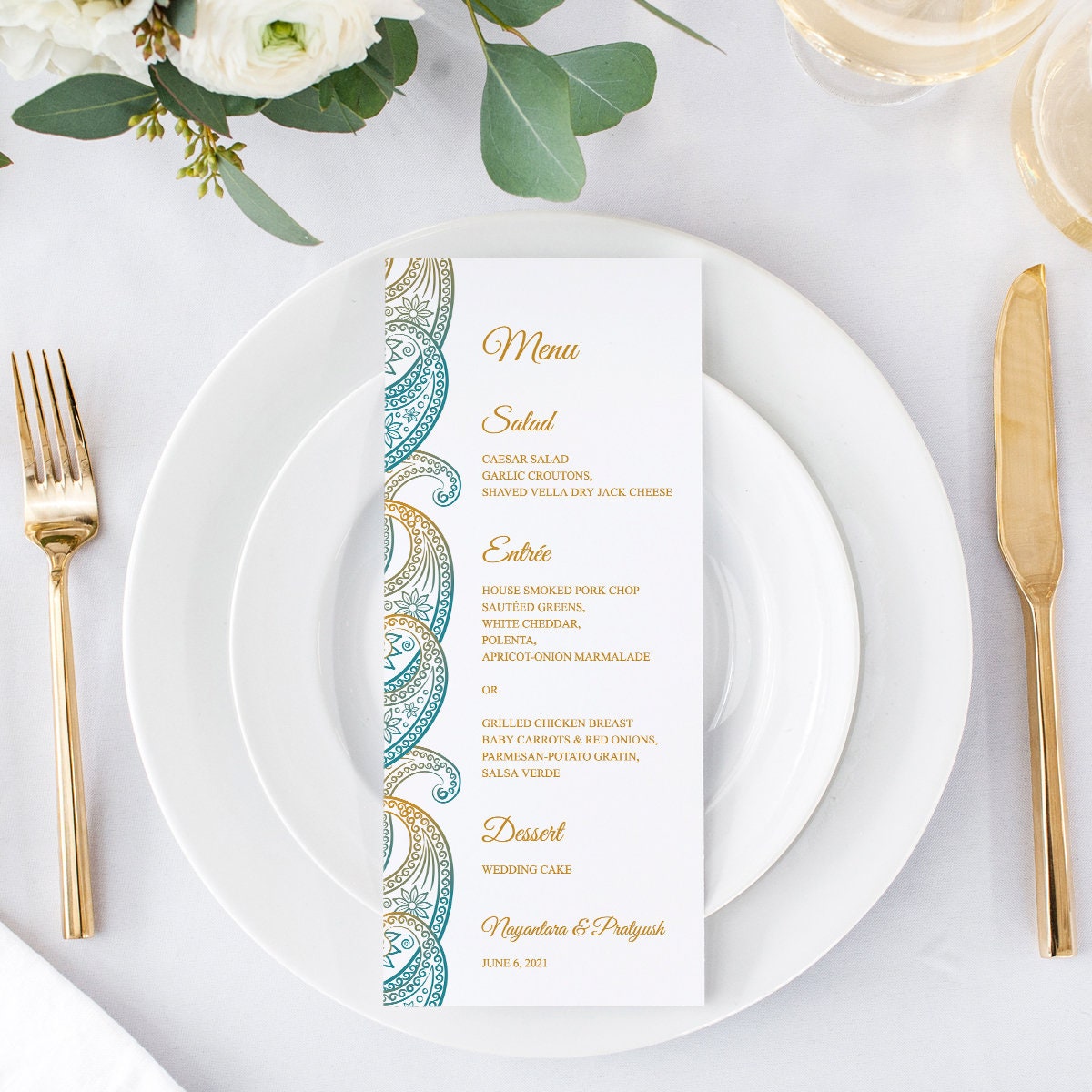 Indian Wedding Menu Template Paisley Teal & Gold. | Etsy