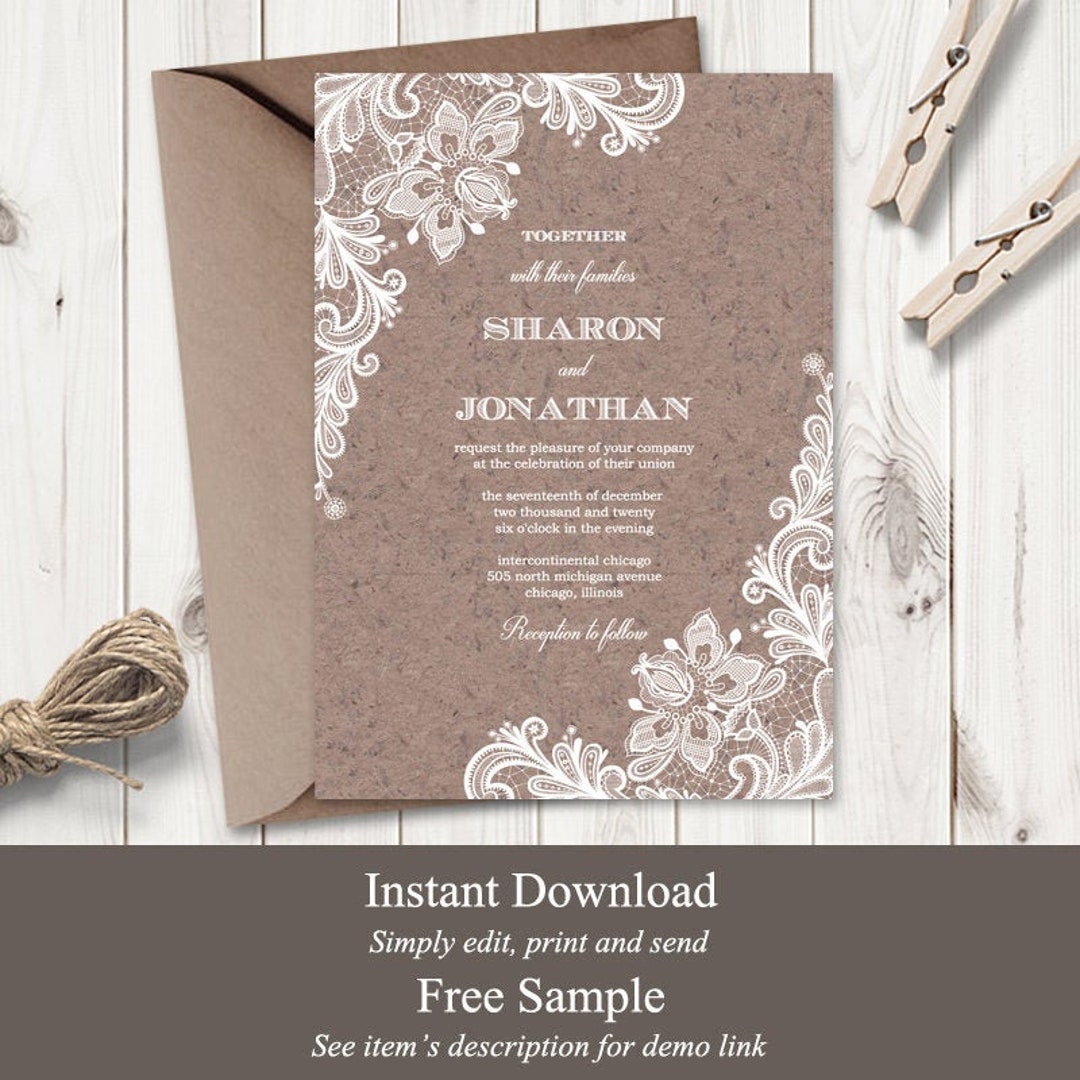 Kraft Paper Wedding Invitation Template "vintage Lace", Craft. DIY ...