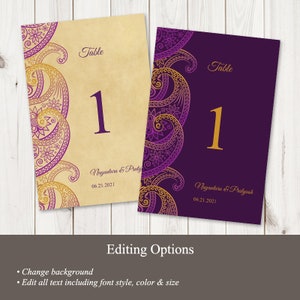 Indian Wedding Table Numbers Template paisley, Purple & Gold. DIY ...