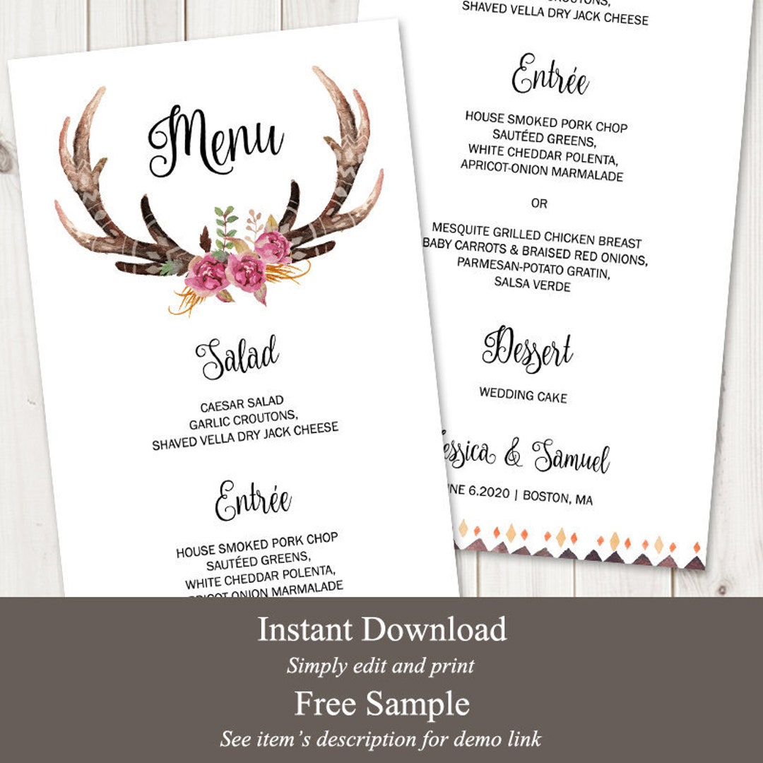 Antlers Wedding Menu "the Hunt is Over" With Watercolor Flowers. DIY ...