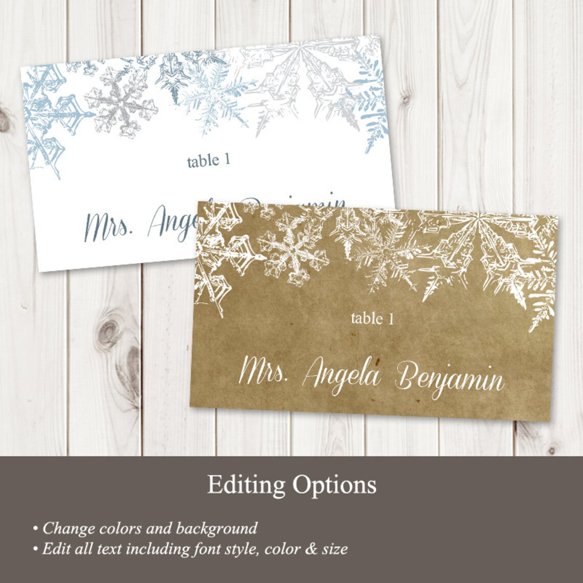 Winter Wedding Place Card Template snowflakes - Etsy