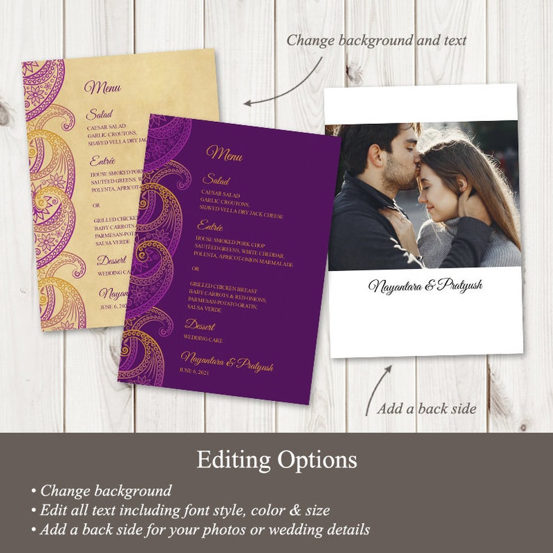Indian Wedding Menu Template Paisley Purple & | Etsy