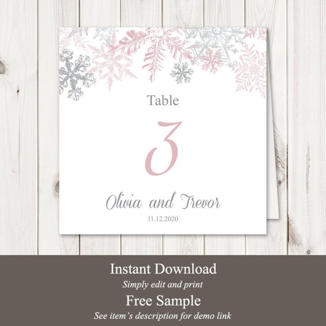 Winter Wedding Table Numbers Template snowflakes, Dusty Pink & Silver ...
