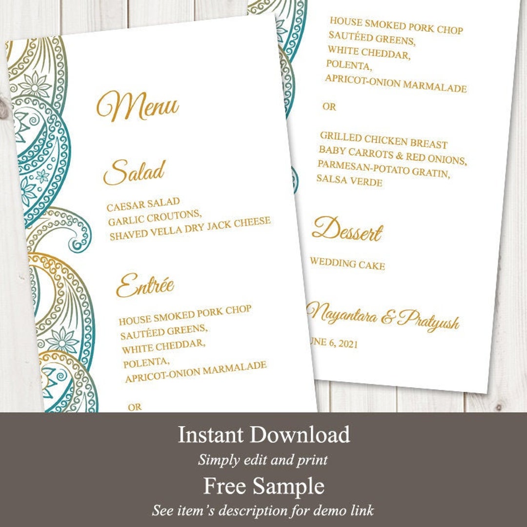 Indian Wedding Menu Template "paisley", Teal & Gold. DIY Printable ...