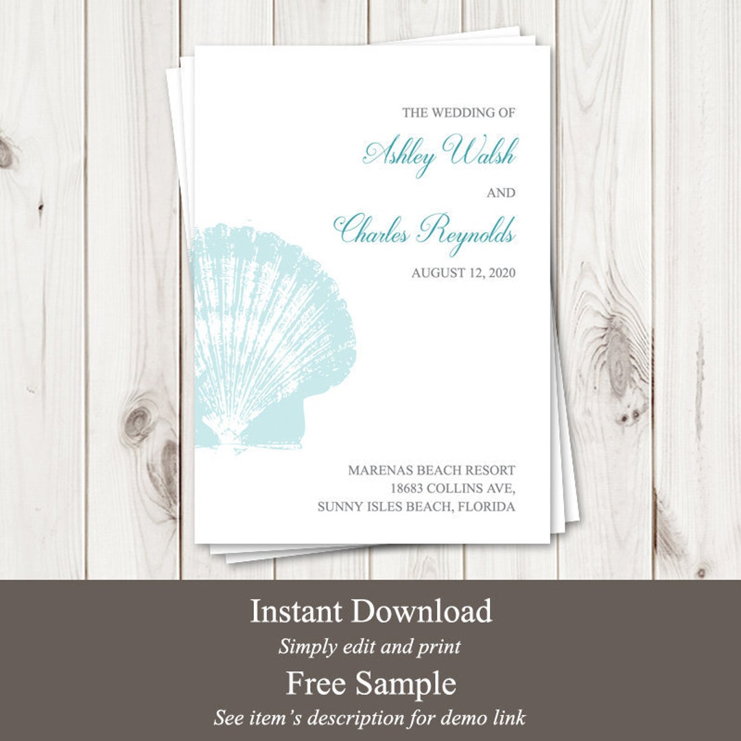 Destination Wedding Program Template seaside Romance, Teal. DIY ...
