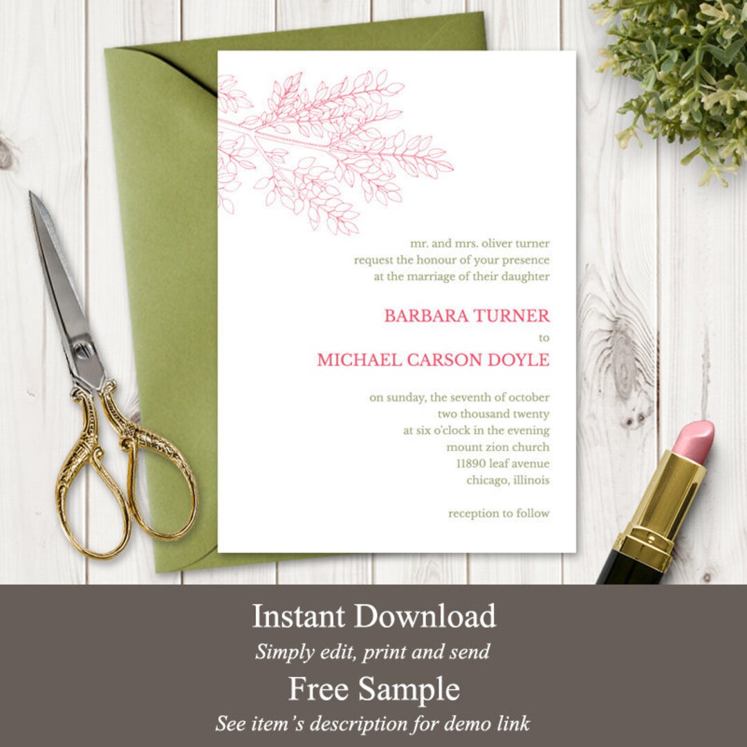 Spring Wedding Invitation Printable Template leafy - Etsy
