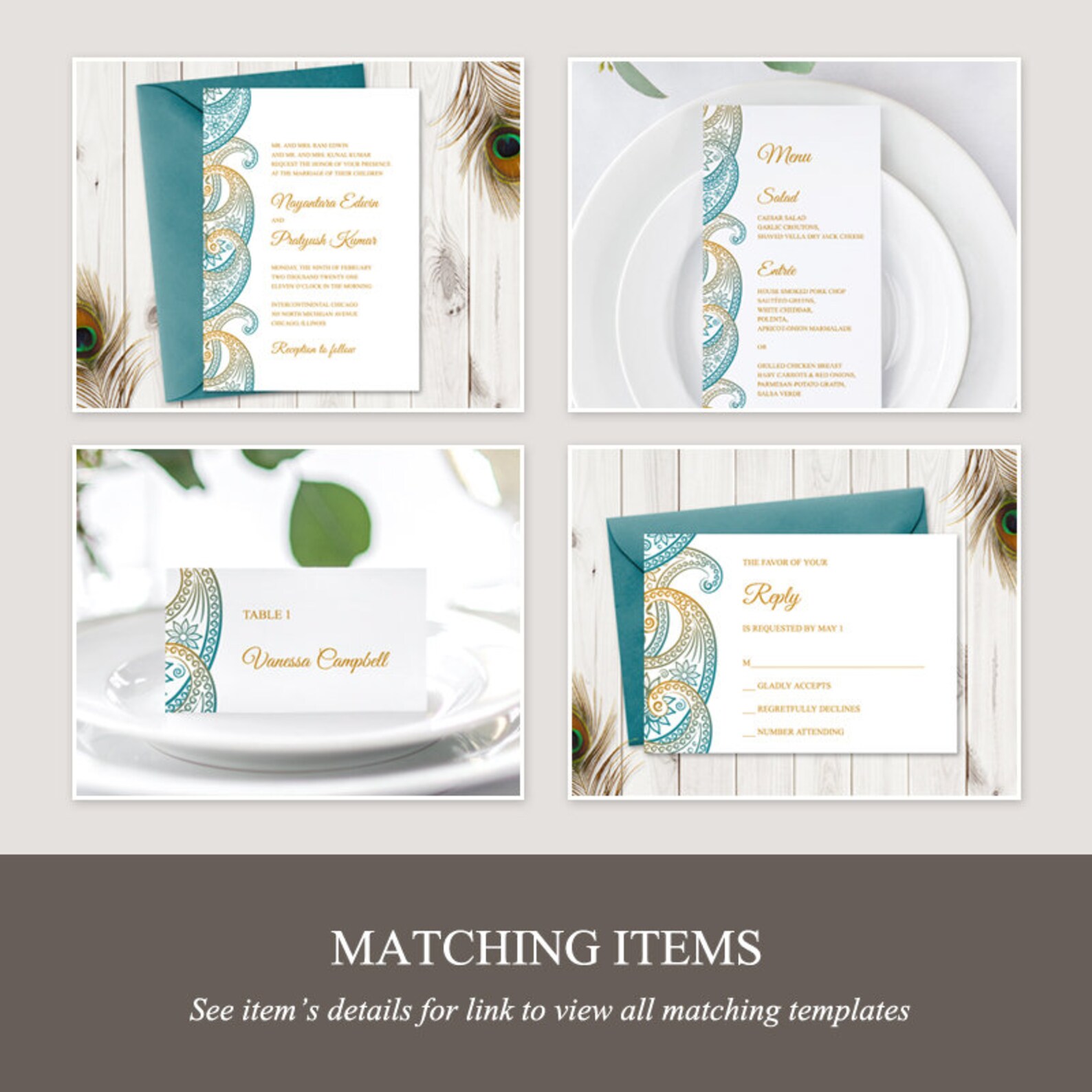 Indian Wedding Menu Template paisley, Teal & Gold. DIY Printable ...