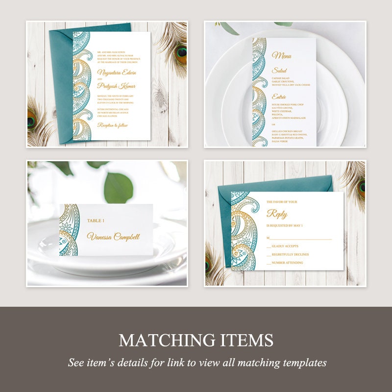 Indian Wedding Menu Template Paisley Teal & Gold. | Etsy