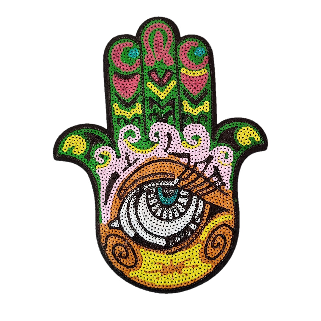 Hand of Hamza Fatima Eye Sequin Iron on Patch 20.5 Cm X 26 Cm Sew Badge ...