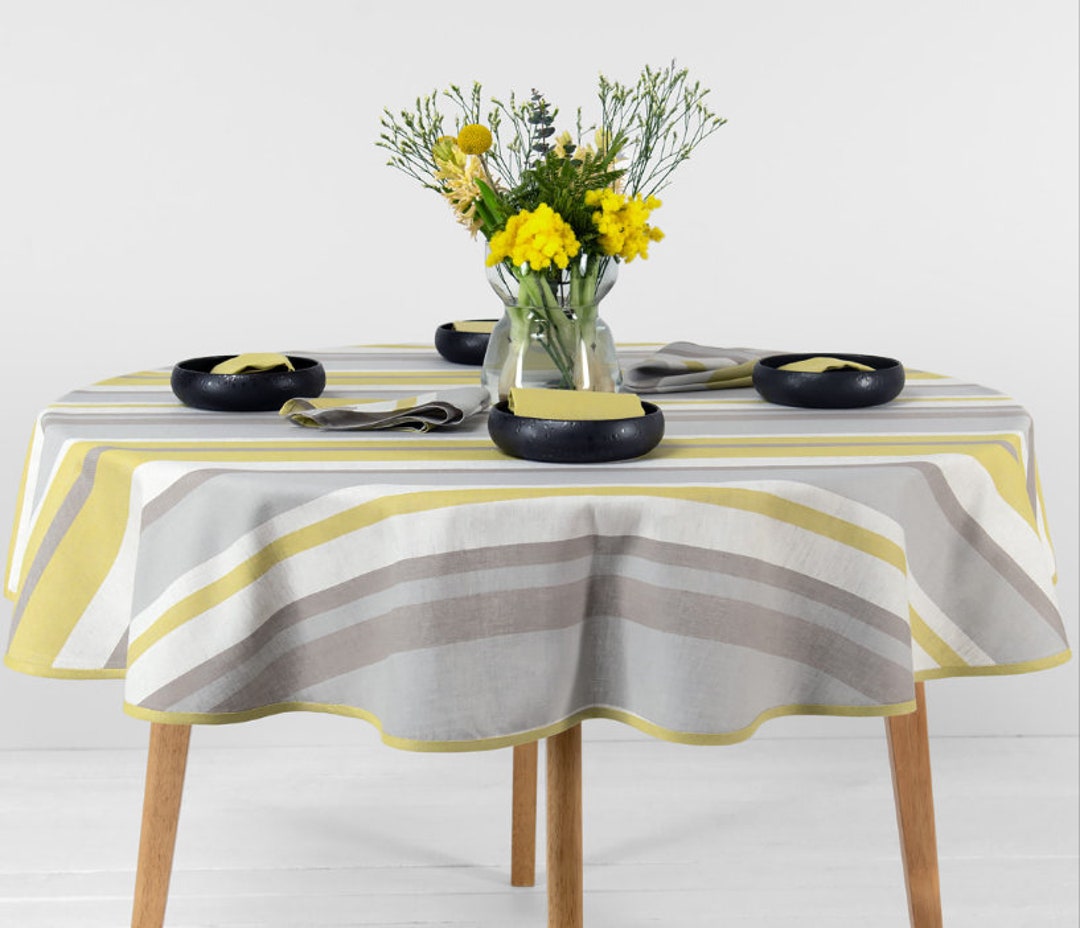 Linen Oval, Round Tablecloth, Spring Colors Tablecloth, Yellow - Grey ...