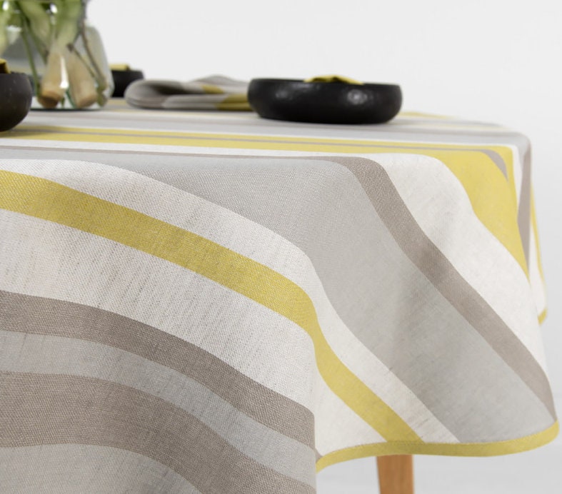 Linen Oval, Round Tablecloth, Spring Colors Tablecloth, Yellow - Grey ...