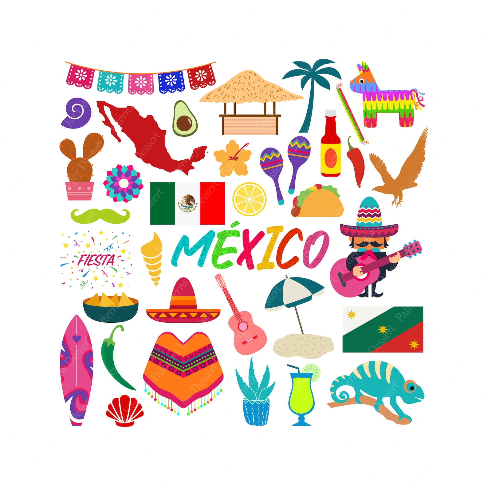 Mexico Clipart | Fiesta | Beach Hut | Golden Eagle | Chameleon | Dahlia ...