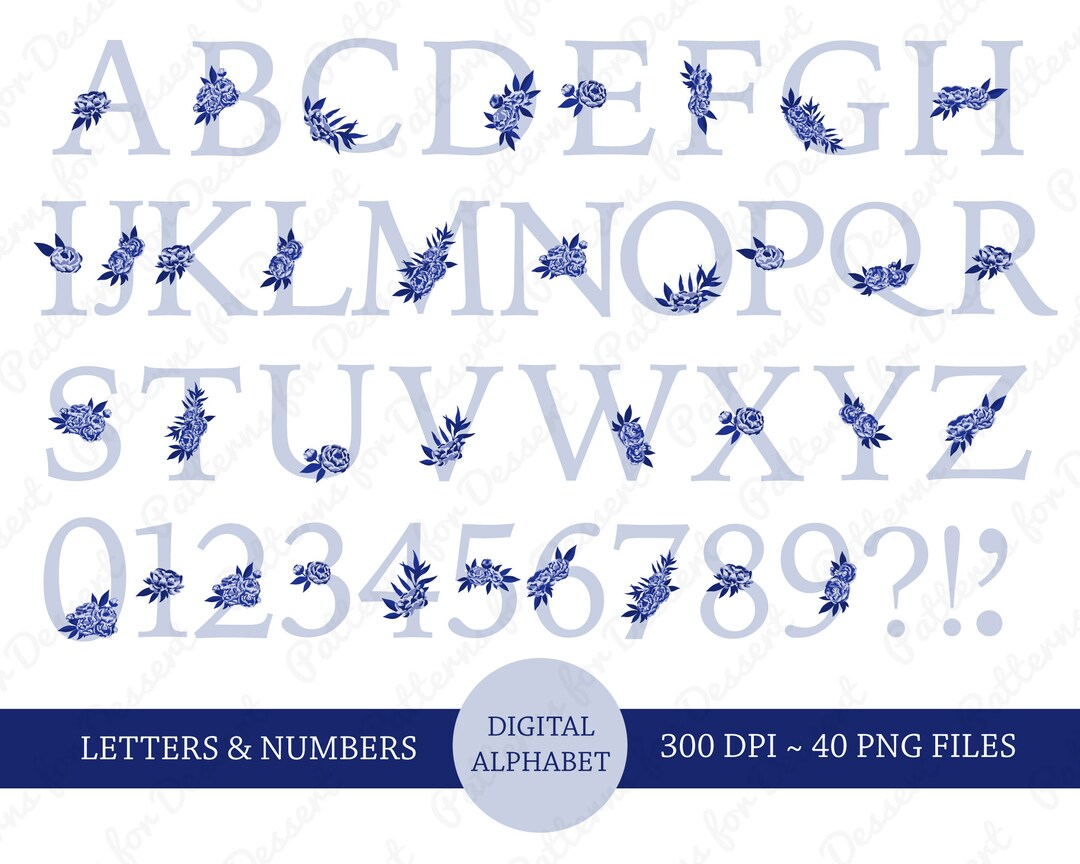 Periwinkle Blue Alphabet Clip Art, Floral Alphabet, Blue Number, Blue ...