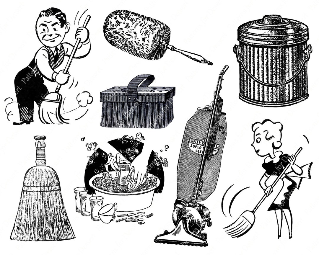 Vintage Cleaning Clip Art | Housekeeping Items | Black and White Clip ...