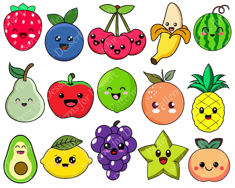 Cute Kawaii Fruit Clip Art: Scrapbook Elements, Characters, Digital ...