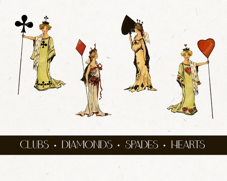 Vintage Card Suits Clip Art: Deck of Cards | Queen of Spades | Queen of ...