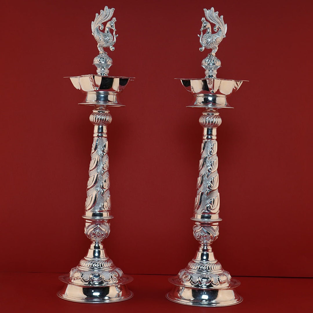 Pure Silver Peacock Design Stand Diya Pair, Pure Silver 2 Pair Diya for ...