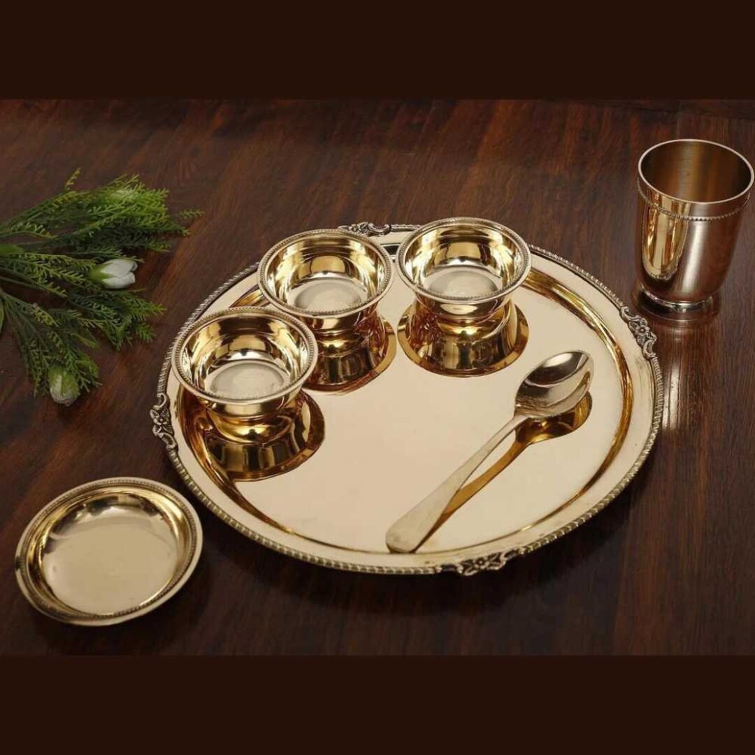 Pure Brass Thali Set 7 Pcs 1.200kg, Pure Brass Dinner Set, Traditional ...