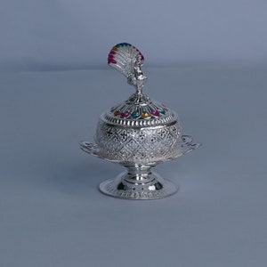 Silver Haldi Kumkum Round Dabbi, Box With Silver Peacock in Between ...