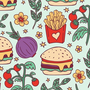 Burger Seamless Pattern, Downloadable Food Pattern for Fabrics, Digital ...