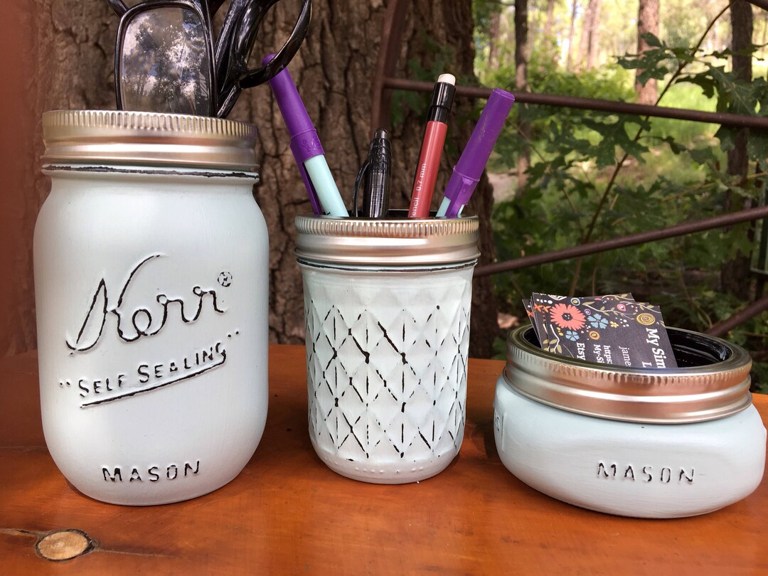 Mason Jar Desk Set, Mason Jar Desk Organizer, Mason Jar Desk Acessories, Mason Jar Pencil Holder ...