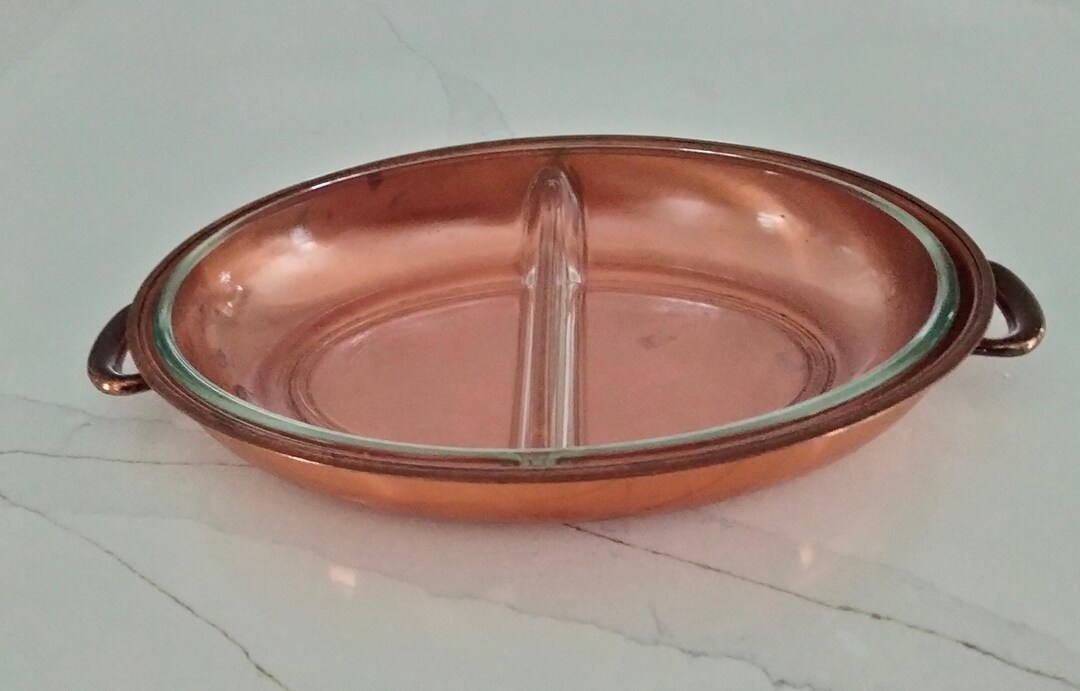 Vintage Glasbake Divided Oven Proof Dish With Handled Copper Serving ...