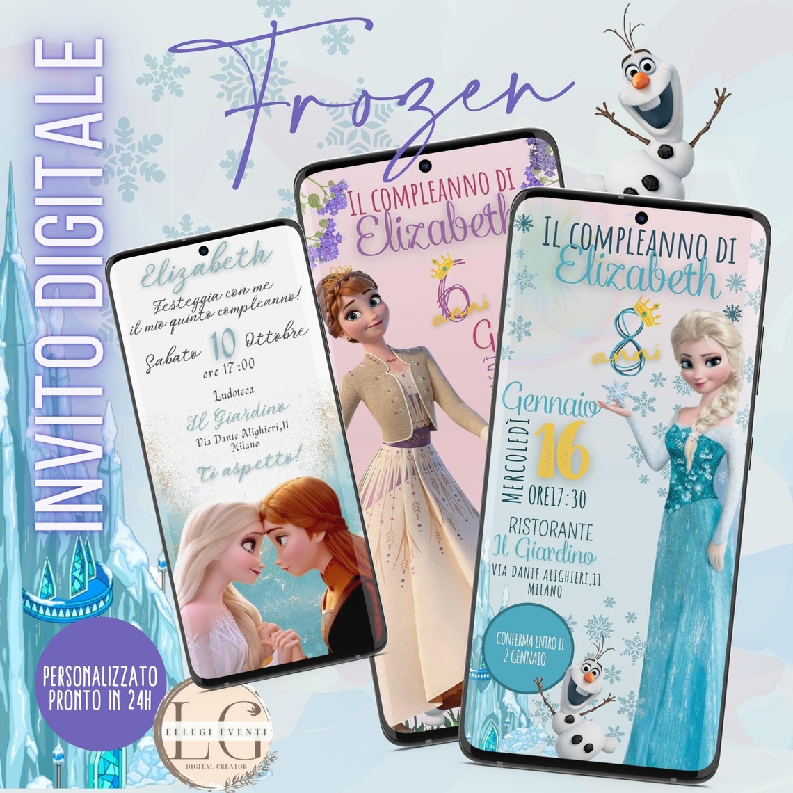 INVITO DIGITALE COMPLEANNO Frozen 1 e 2 Principessa Elsa e Anna per ...