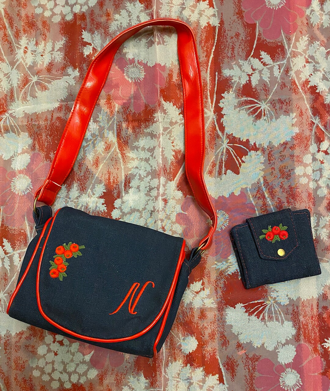Vintage 1970s Dark Blue Cotton Denim and Red Vinyl Purse Shoulder Bag ...