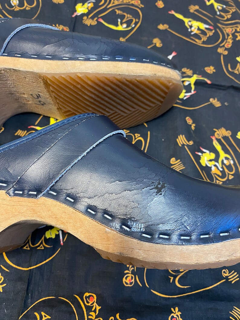 Vintage 1970s Navy Blue Swedish Leather Wooden Clogs Womens - Etsy
