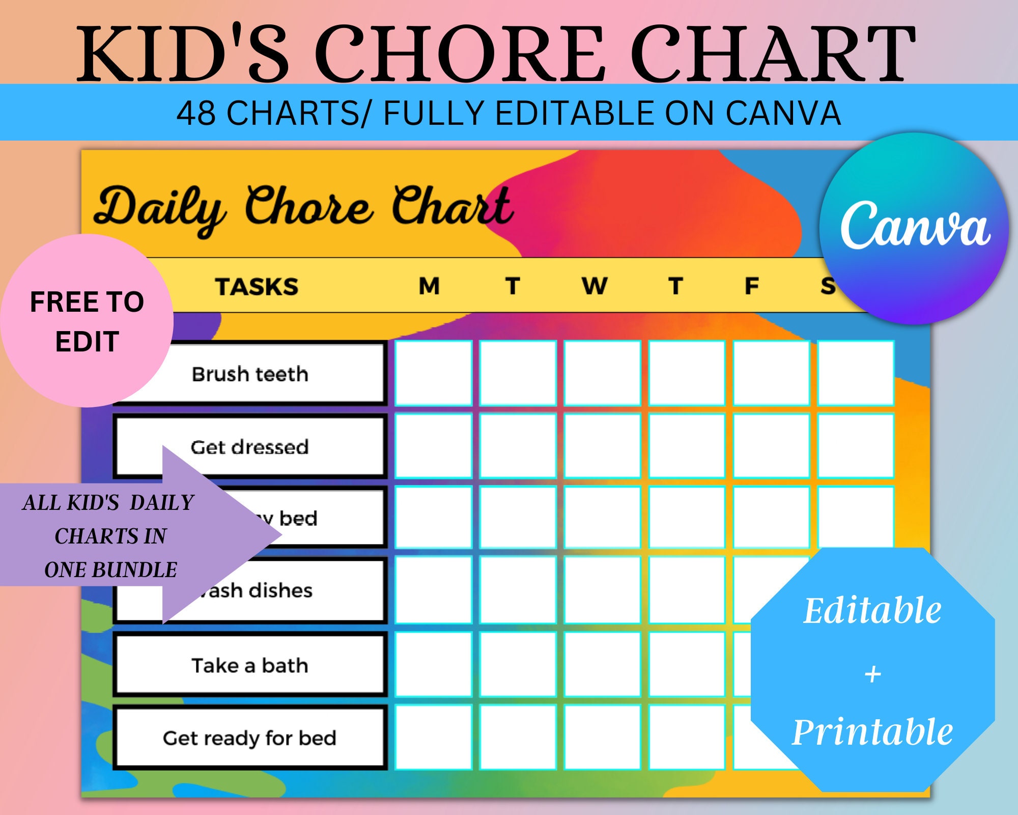Red Orange Blue Abstract Colorful Chore Chart, Chore Chart for Kids ...