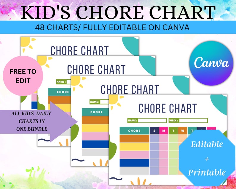 Purple Yellow Colorful Kids Chore Chart, Printable Reward System With ...