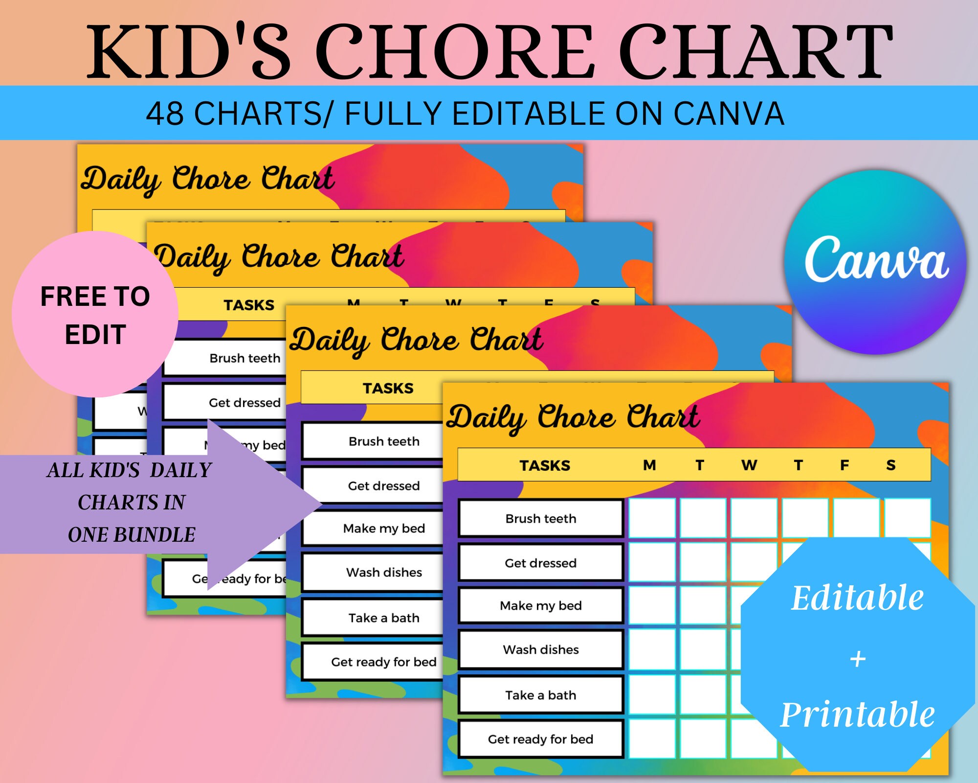 Red Orange Blue Abstract Colorful Chore Chart, Chore Chart for Kids ...