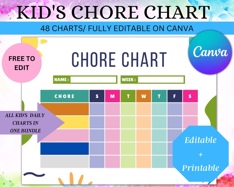 Purple Yellow Colorful Kids Chore Chart, Printable Reward System With ...