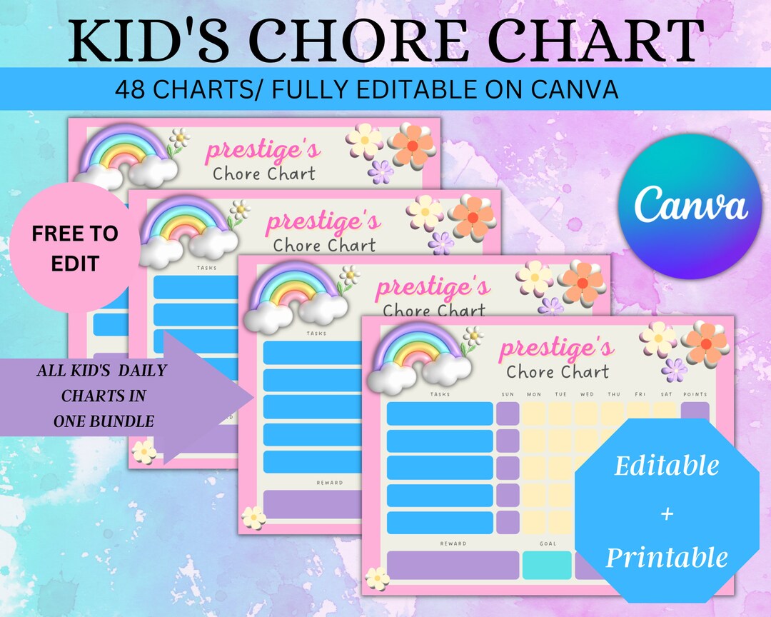 Rainbow Pastel Daisy Daily Chore Chart, EDITABLE, Routine Chart , Chore ...