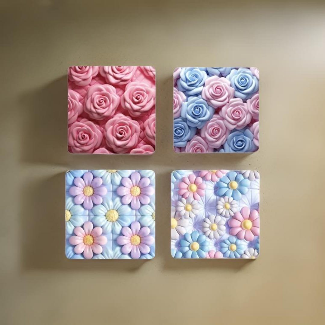 3D Inflated Puffy, Fluffy Flower Designs for Coasters, Set of 4 ...